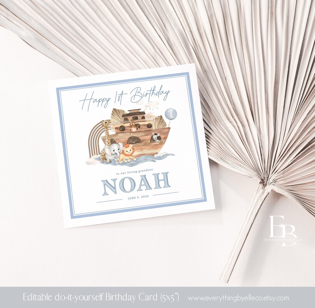 Noah's Ark Birthday Card Editable Dusty Blue Safari - Etsy