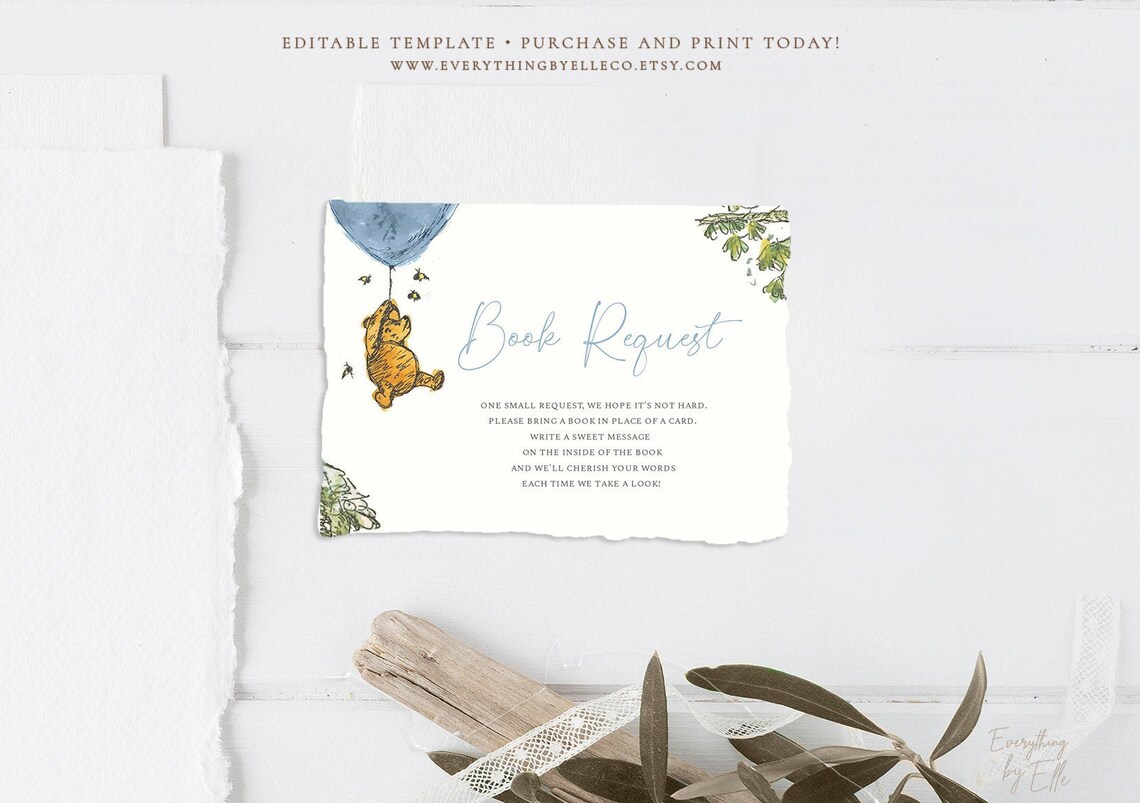 Winnie the Pooh Book Card Editable Blue Winnie the Pooh Baby - Etsy