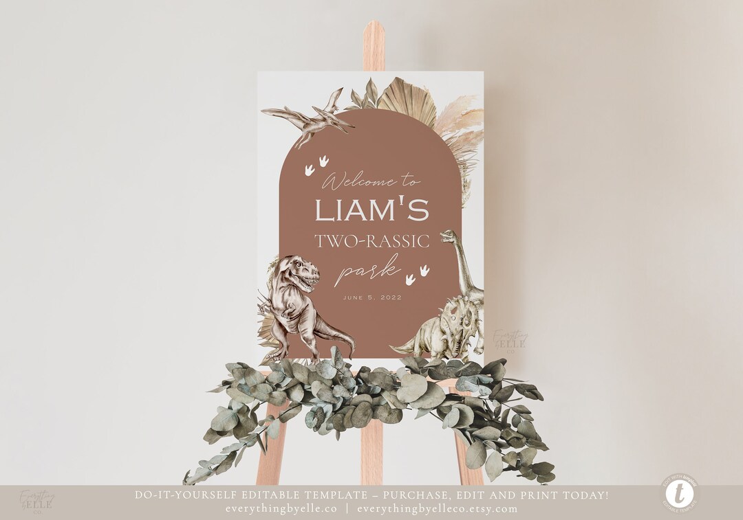 Two-rassic Park Welcome Sign Printable, Editable Boho Neutral Dinosaur ...
