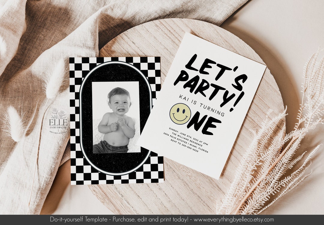 Checkered Smiley Face 1st Birthday Invitation Editable Retro - Etsy