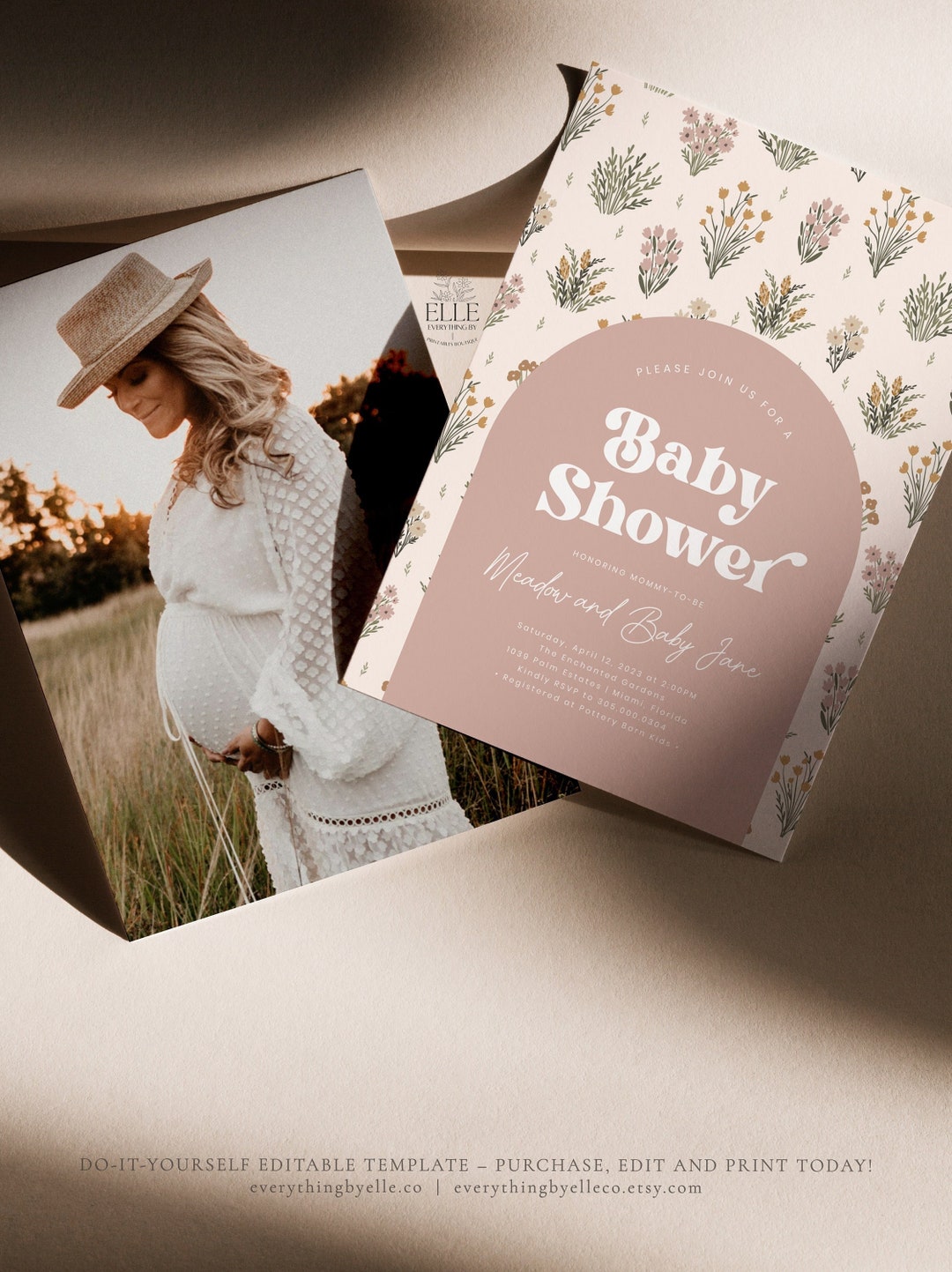 Wildflower Baby Shower Invitation Editable, Pink Floral Baby Shower ...
