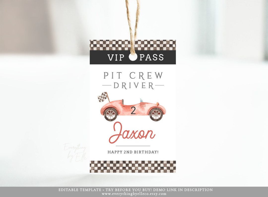 Race Car VIP Pass Editable Printable Pit Crew Favor Tag - Etsy