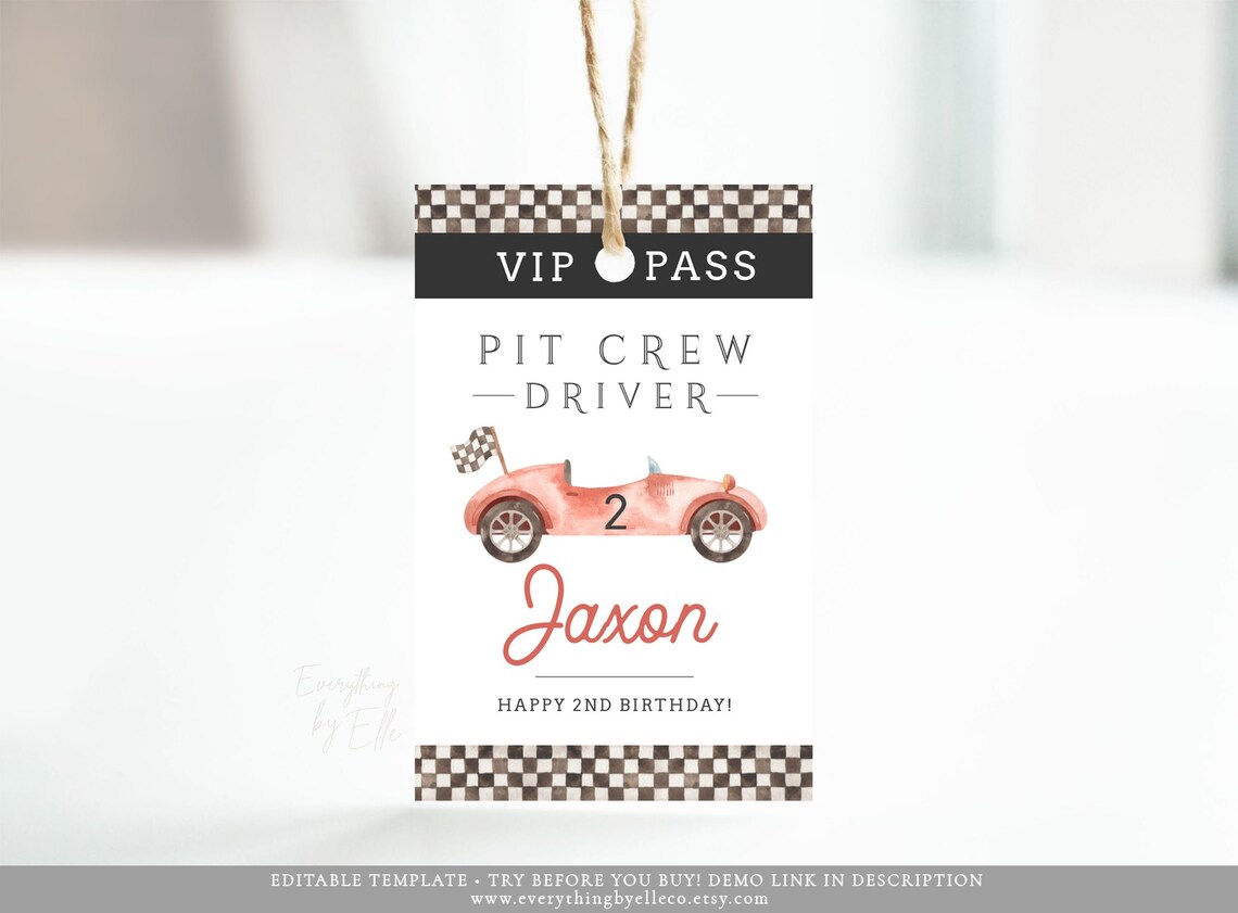 Race Car VIP Pass Editable Printable Pit Crew Favor Tag - Etsy