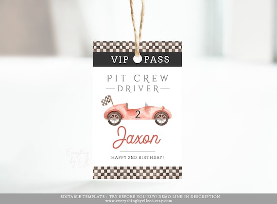 Race Car VIP Pass Editable Printable Pit Crew Favor Tag - Etsy