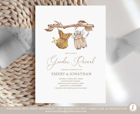 Editable Neutral Gender Reveal Invitation Bohemian Gender Etsy