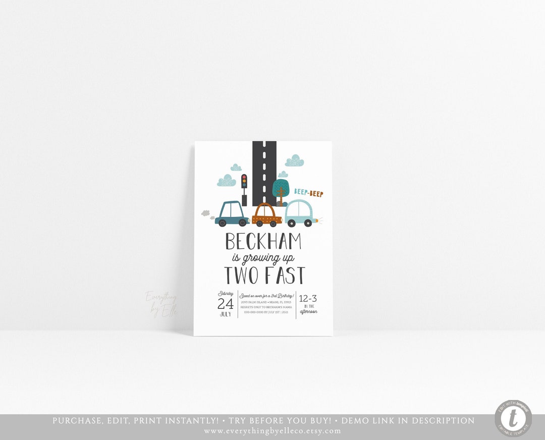 TWO Fast Car Birthday Invitation Editable, Transportation Birthday ...