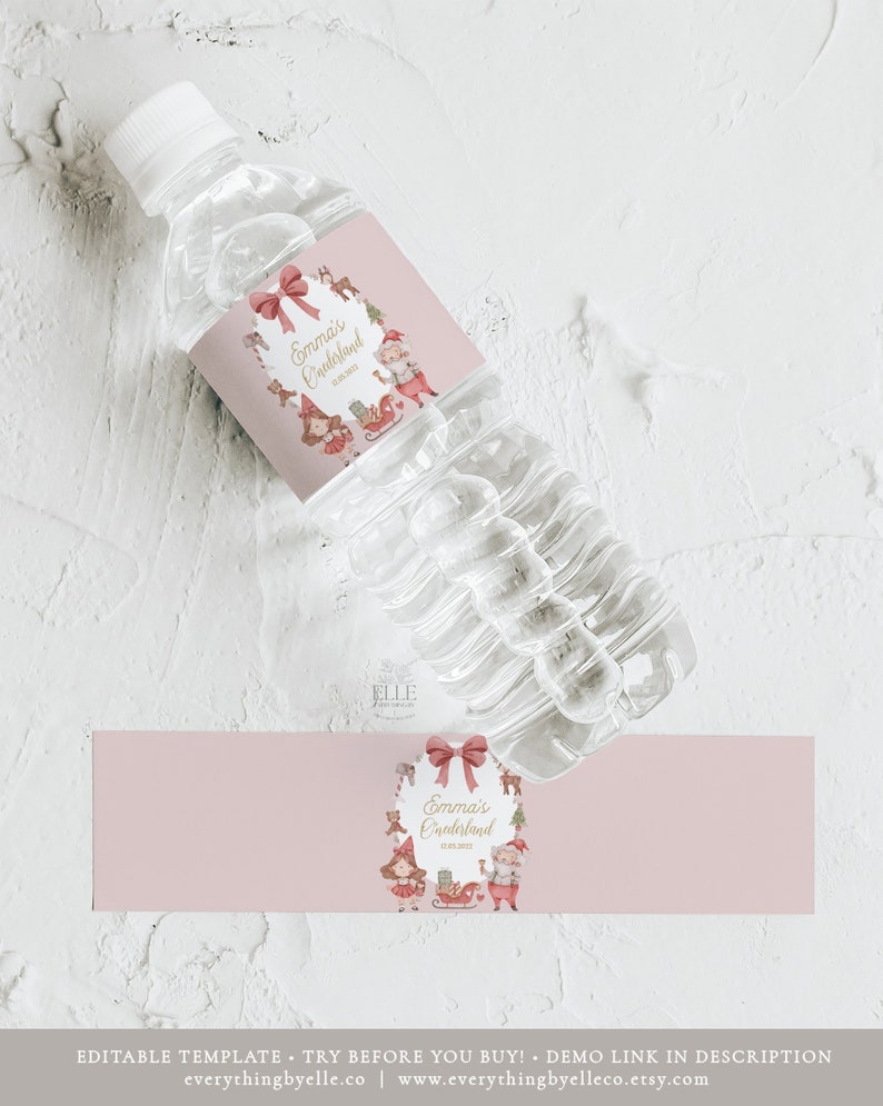 Winter Onederland Christmas Water Bottle Label Editable Girl - Etsy