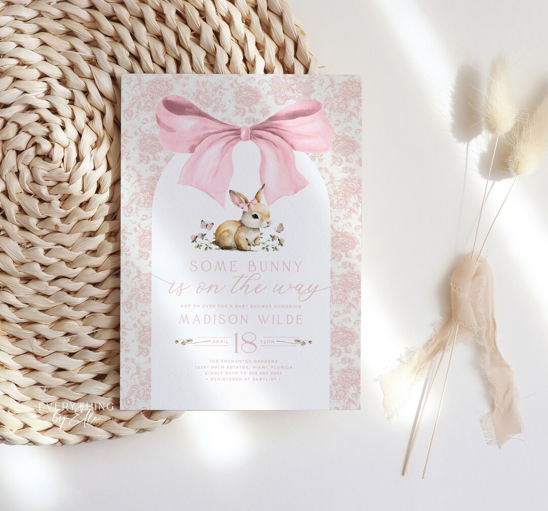 Pink Bow Bunny Baby Shower Invitation, Editable Some Bunny is on the ...