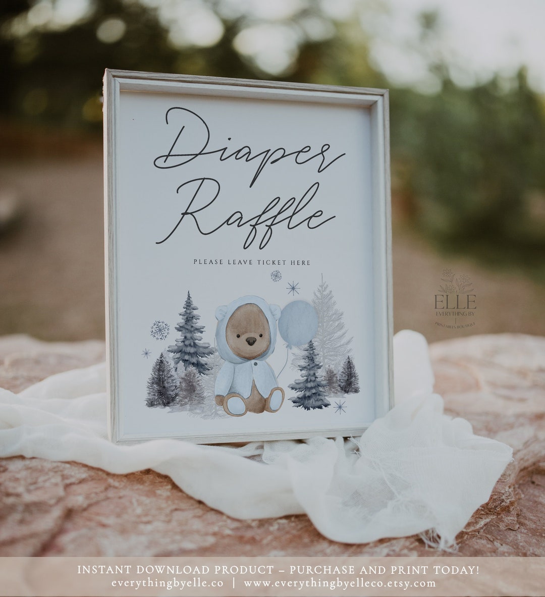 Winter Teddy Bear Baby Diaper Raffle Sign, Blue Teddy Bear Printable ...