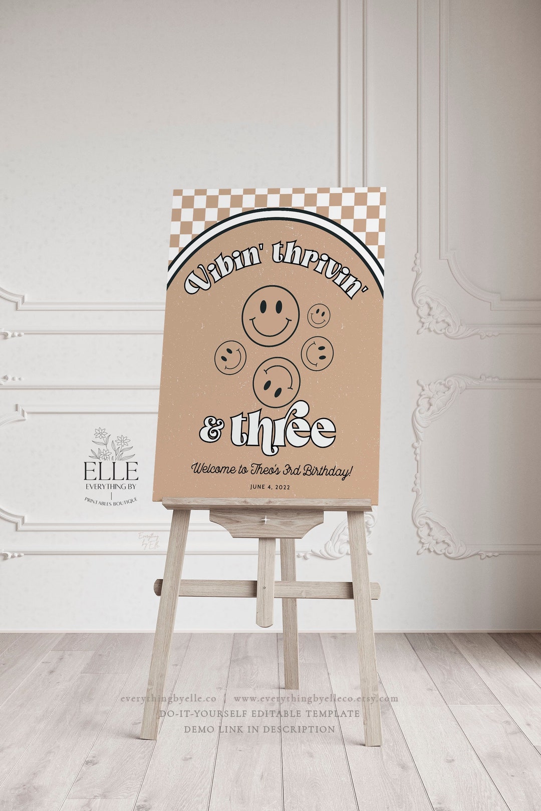 Retro Smiley Face 3rd Birthday Sign Editable, Neutral Boys 3rd Birthday ...