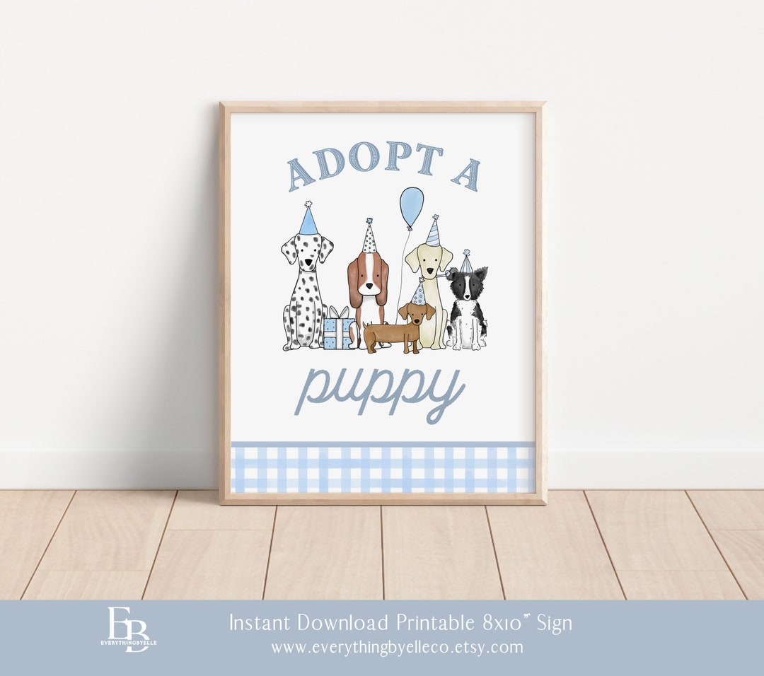 Adopt a Puppy Sign Printable, Let's Pawty Birthday Party Sign, Blue ...