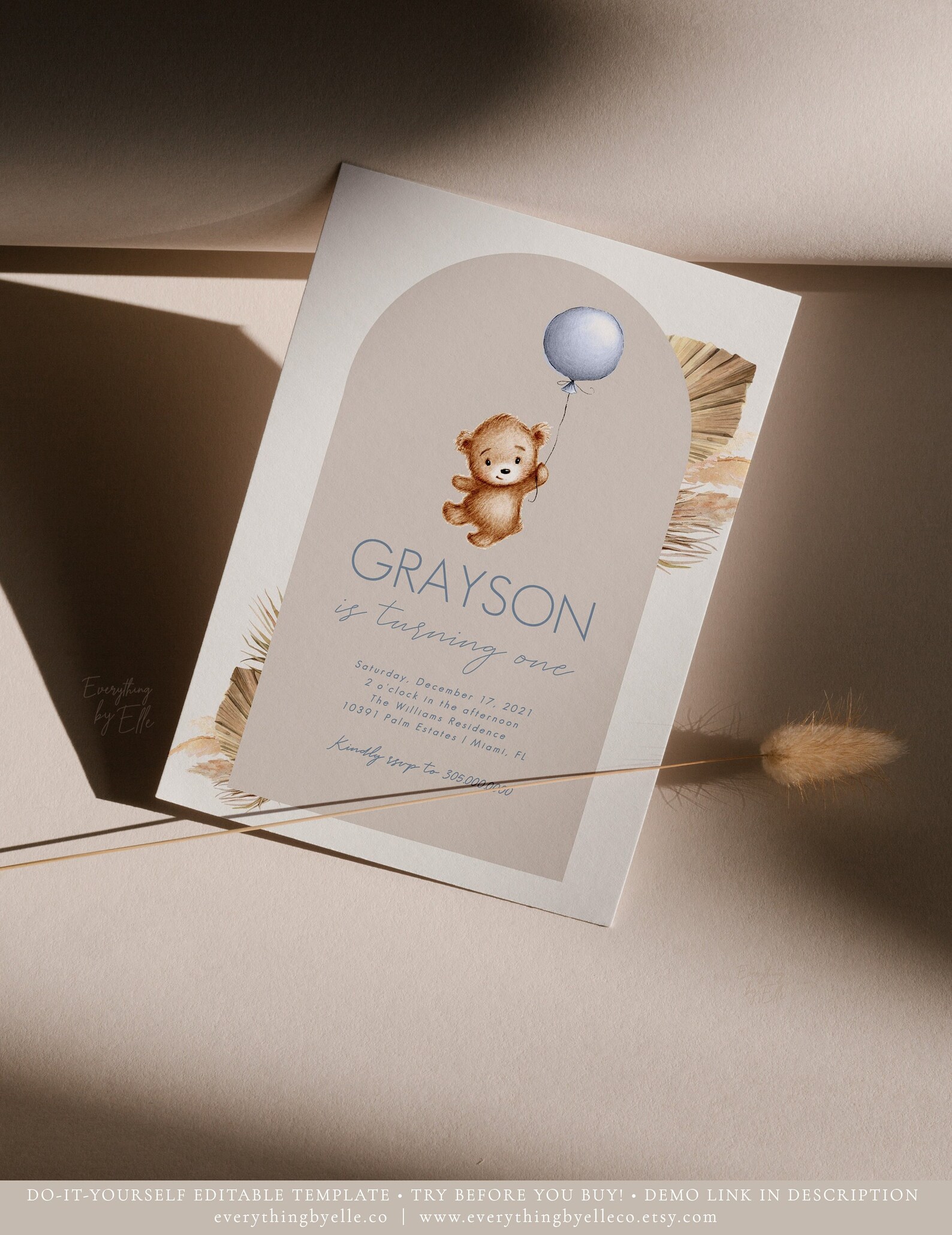 Bear Birthday Invitation Editable Blue Teddy Bear 1st - Etsy