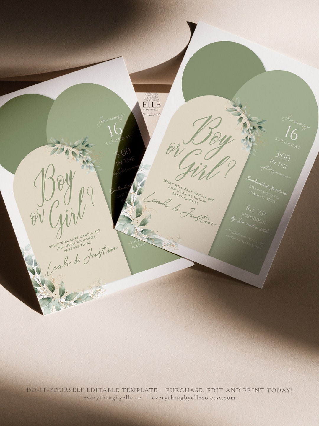 Boy Or Girl Gender Reveal Invitation Editable, Sage Green Eucalyptus ...