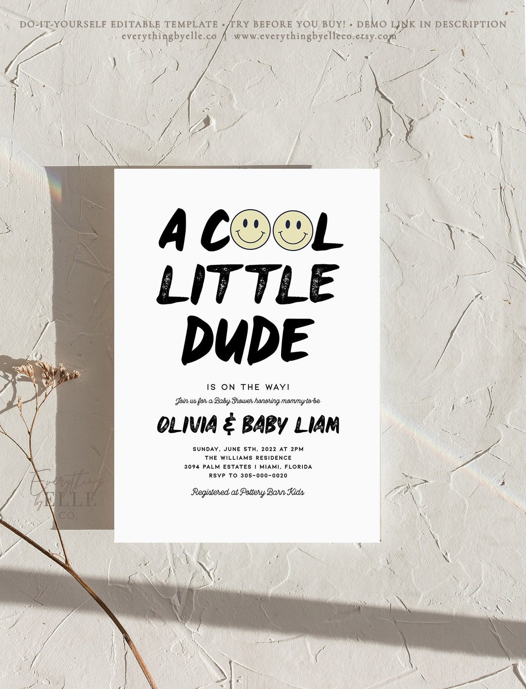 Smiley Face Baby Shower Invitation Editable, Cool Little Dude on the ...