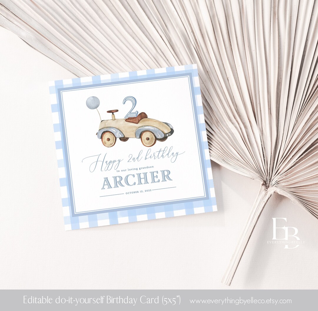 Race Car Birthday Card Editable, Blue Gingham Preppy Personalized Son ...