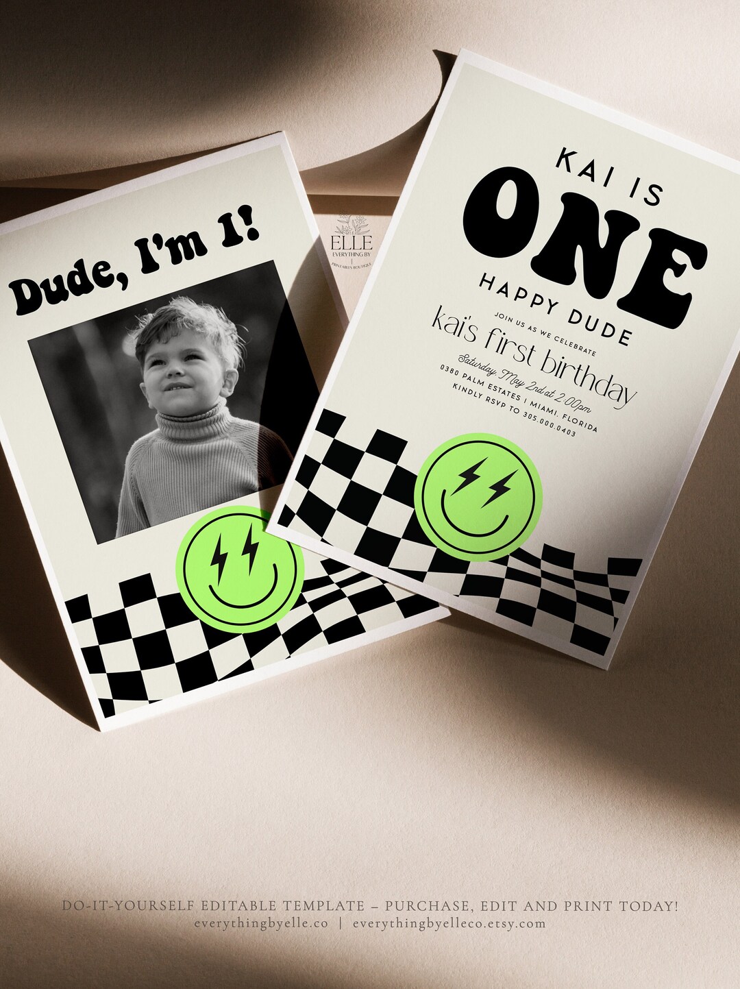 ONE Happy Dude Invitation Editable, Green Smiley Birthday Invite Photo ...
