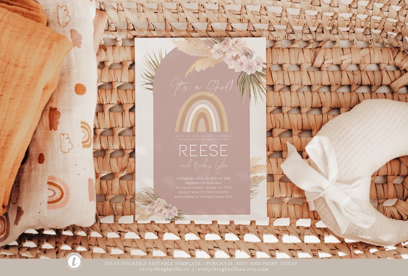 Editable Boho Rainbow Baby Shower Invitation Girl Pampas - Etsy