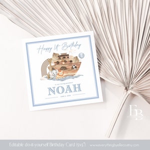 Noah's Ark Birthday Card Editable Dusty Blue Safari - Etsy