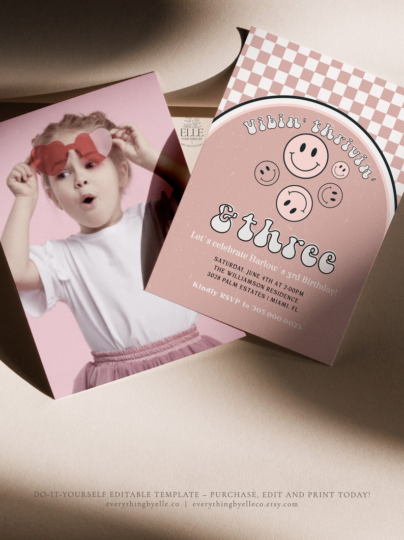 Pink Smiley Face 3rd Birthday Invitation Editable Checkered - Etsy