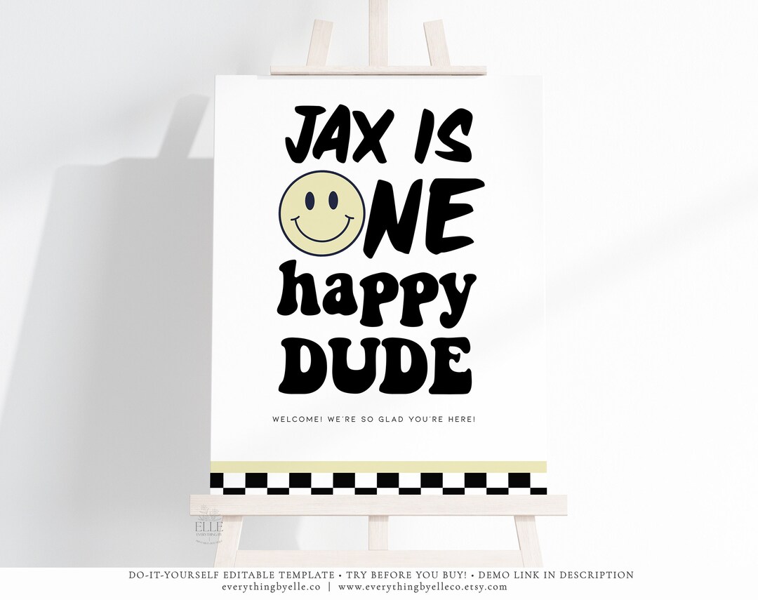 Smiley Face 1st Birthday Welcome Sign Editable Boy ONE Happy - Etsy