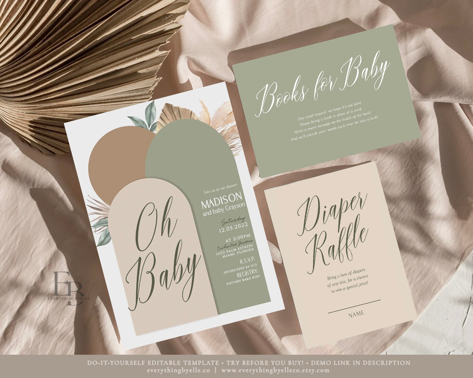 Boho Sage Green Baby Shower Invitation Suite Editable - Etsy