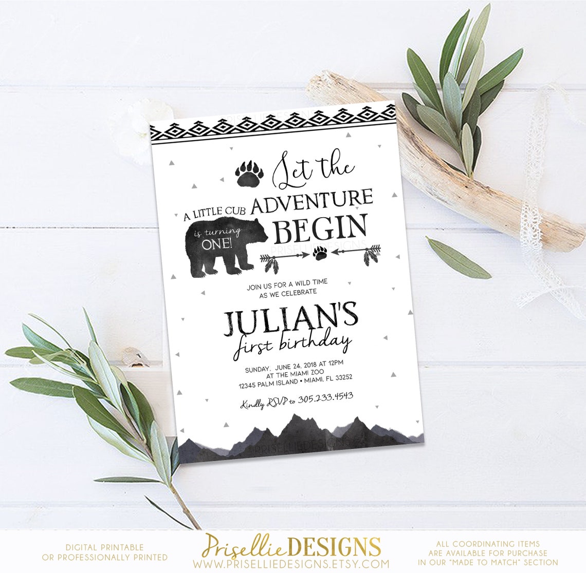 Bear Birthday Invitation Boy Birthday Invitation Boho Rustic - Etsy