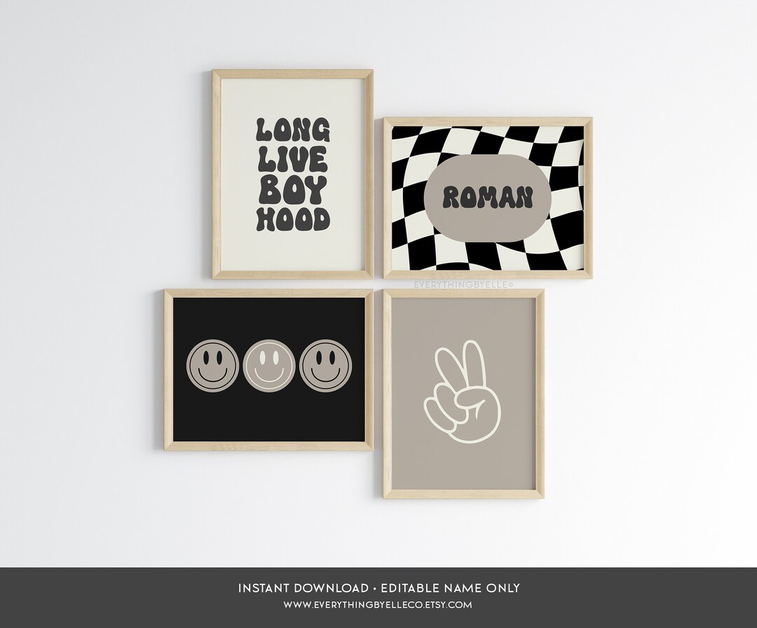 Personalized Name Smiley Checkered Gallery Wall Set of 4 Instant Prints ...