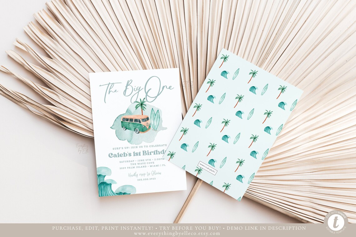 The Big ONE Birthday Thank You Card Editable Surfs up 1st | Etsy