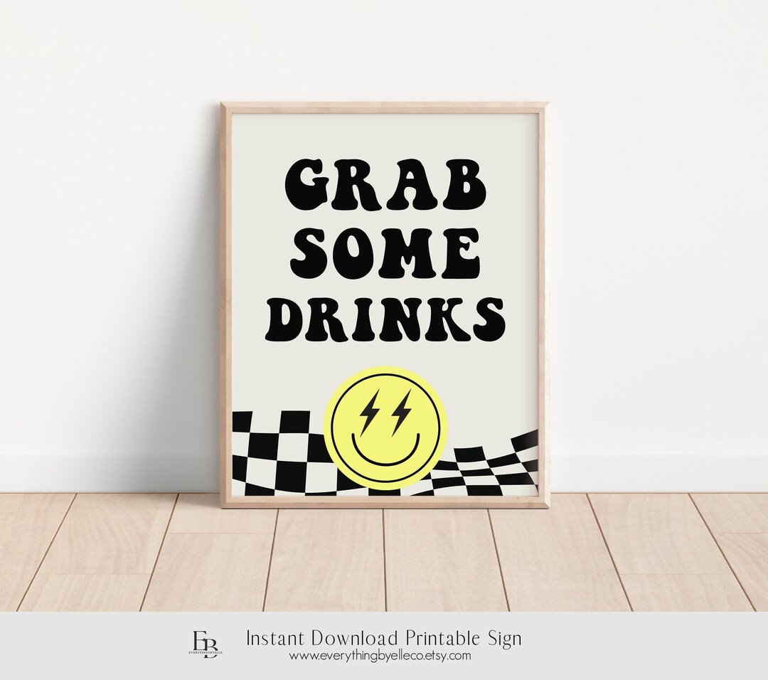 Yellow Smiley Drinks Station Birthday Sign, Retro Boys Birthday Instant ...