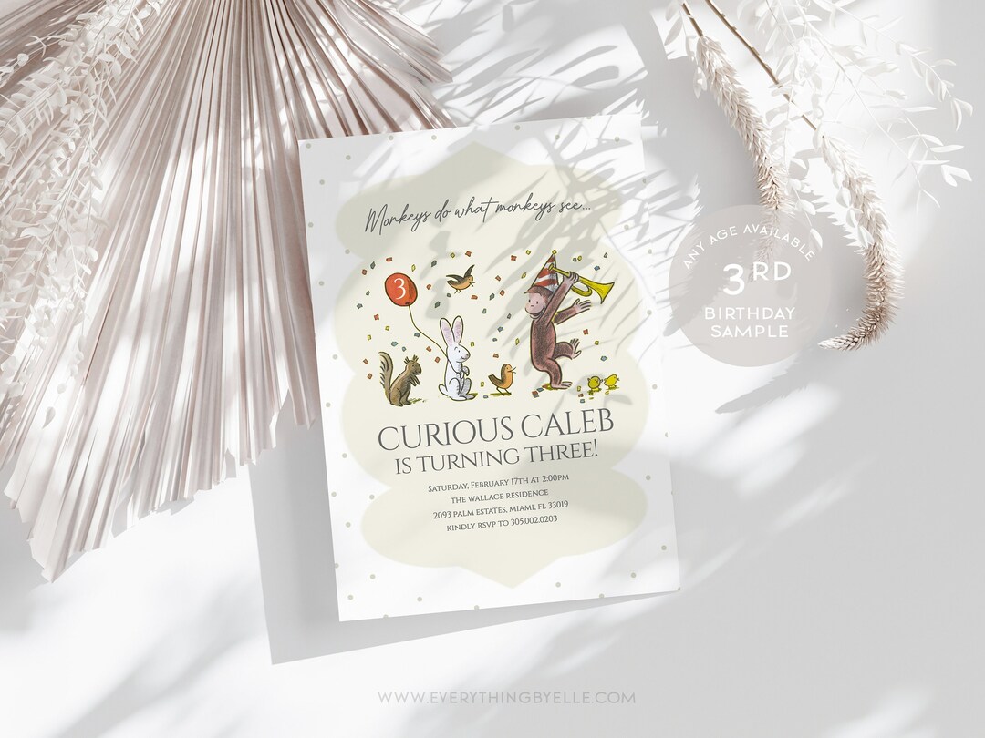 Curious George 3rd Birthday Invitation, Classic Curious George Birthday ...