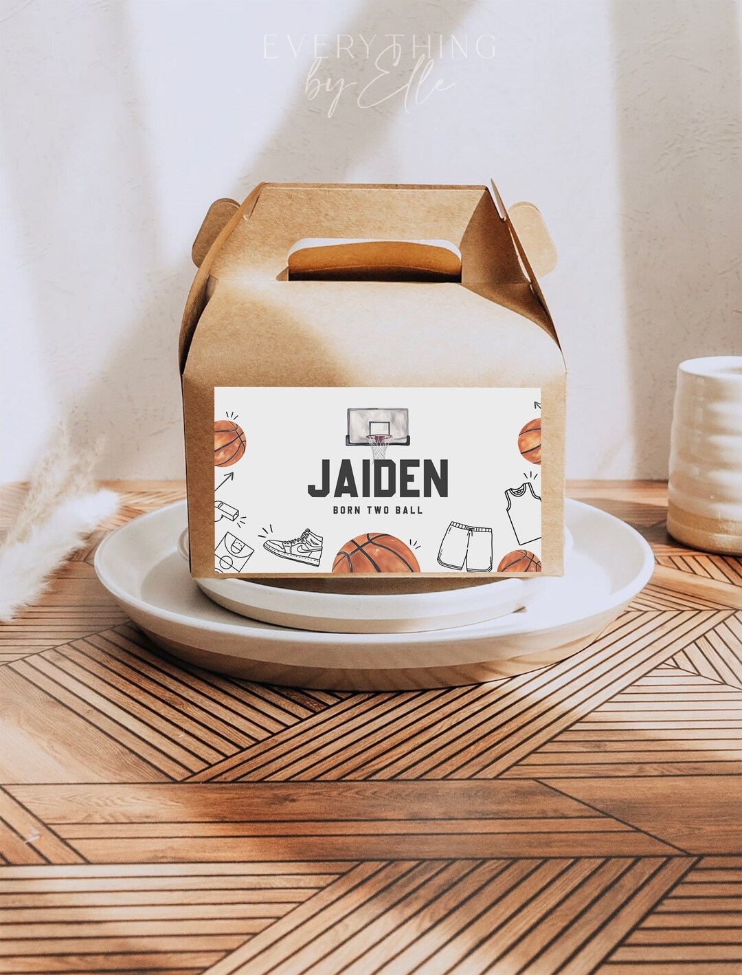 Born Two Ball Birthday Gable Box Label Editable, Neutral Basketball ...