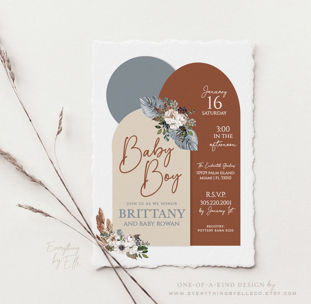 Rust Baby Shower Invitation Boy Bohemian Baby Shower Pampas - Etsy