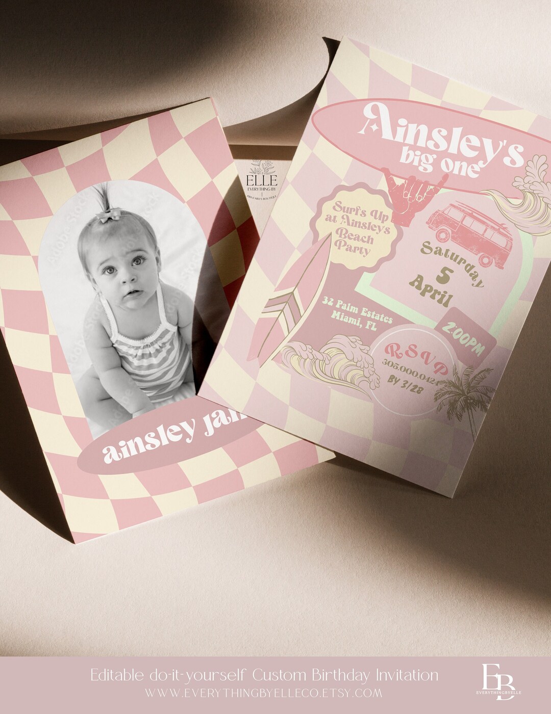 Girl Surf Big One Birthday Invite Editable Pink Checkered - Etsy