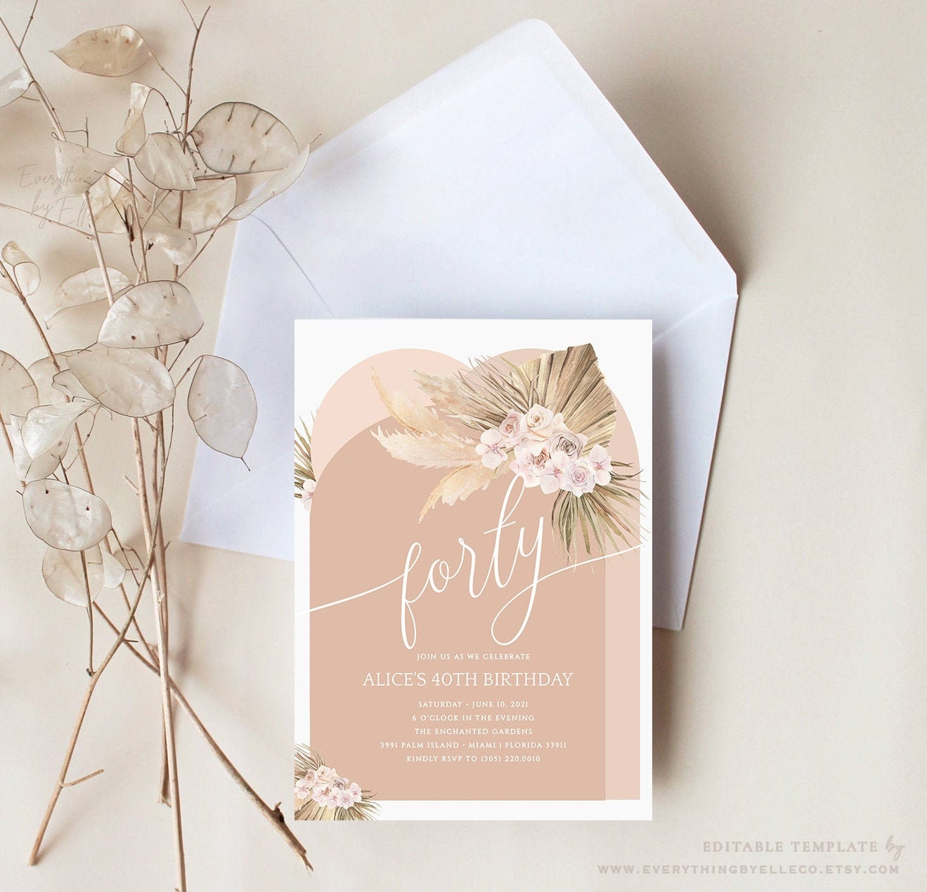 Invitations Editable Pampas Grass Birthday Invitation Bohemian Birthday ...