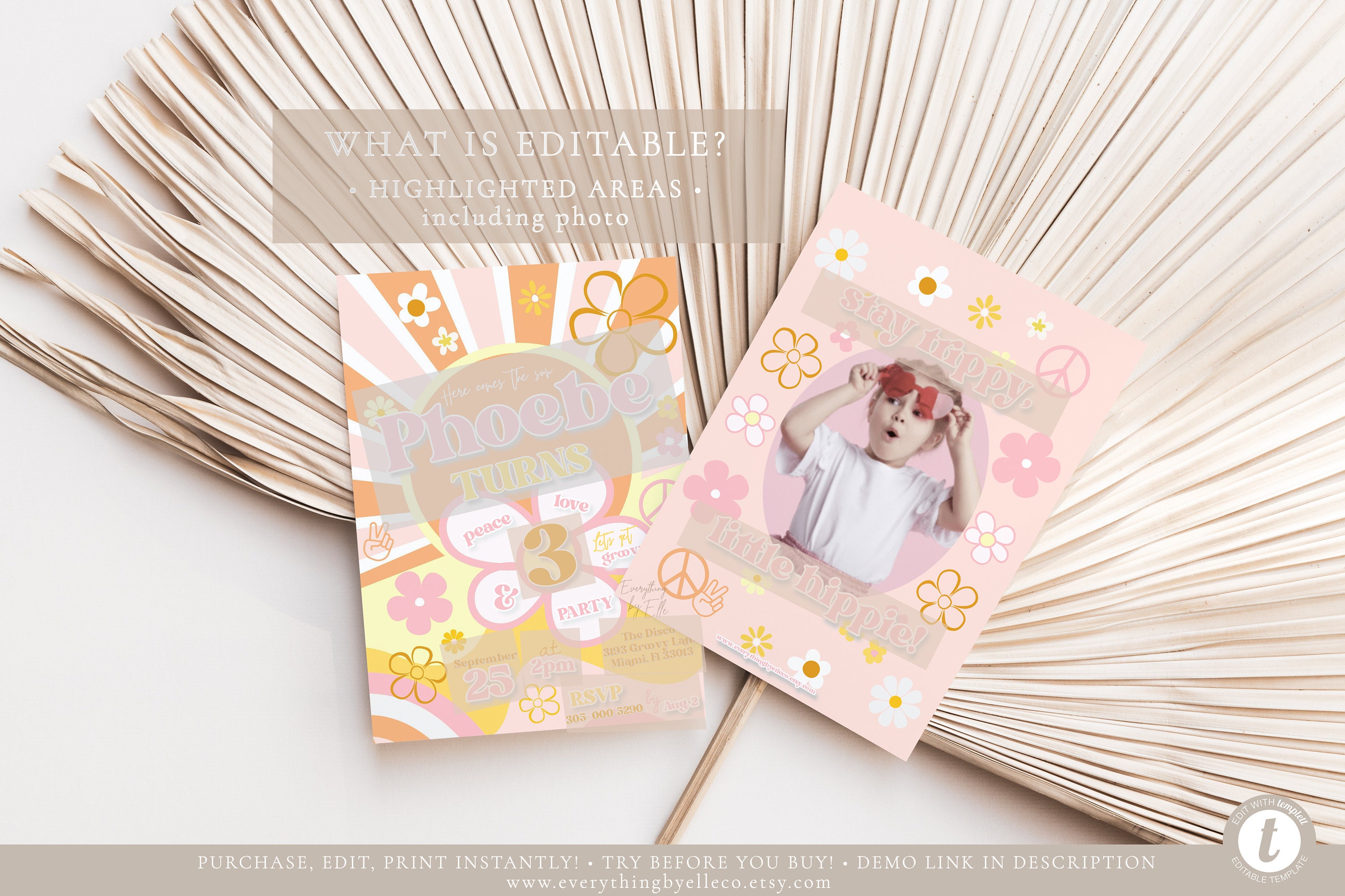 Groovy Hippie Birthday Invitation Editable Daisy Flower Power | Etsy