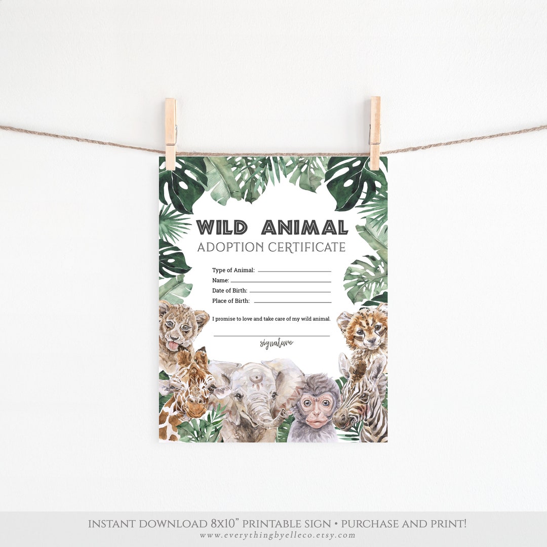Safari Wild Animal Adoption Sign Instant Download, Jungle Animal ...