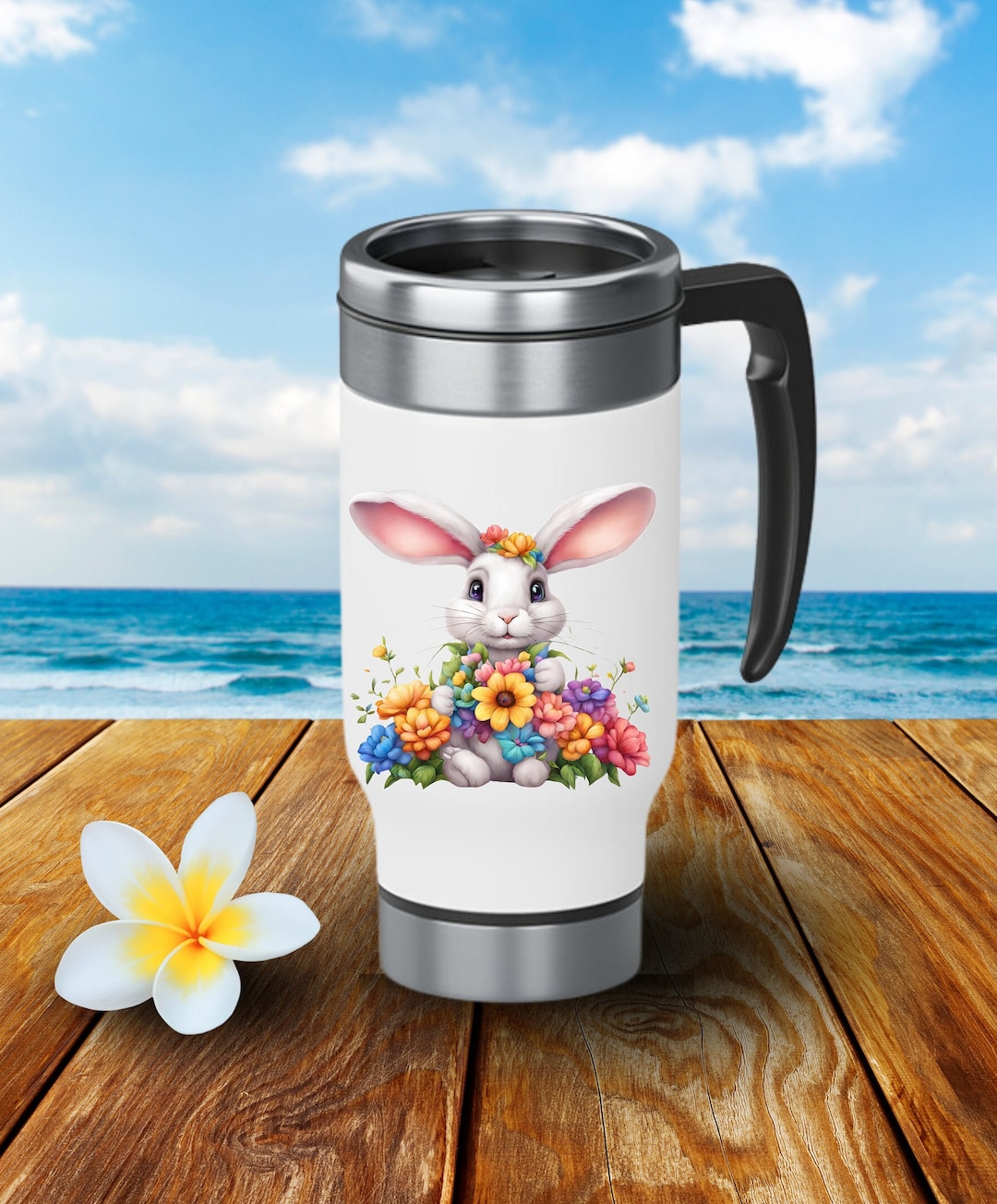ADORABLE BUNNY With Flowers Stainless Steel Travel Mug With Handle ...