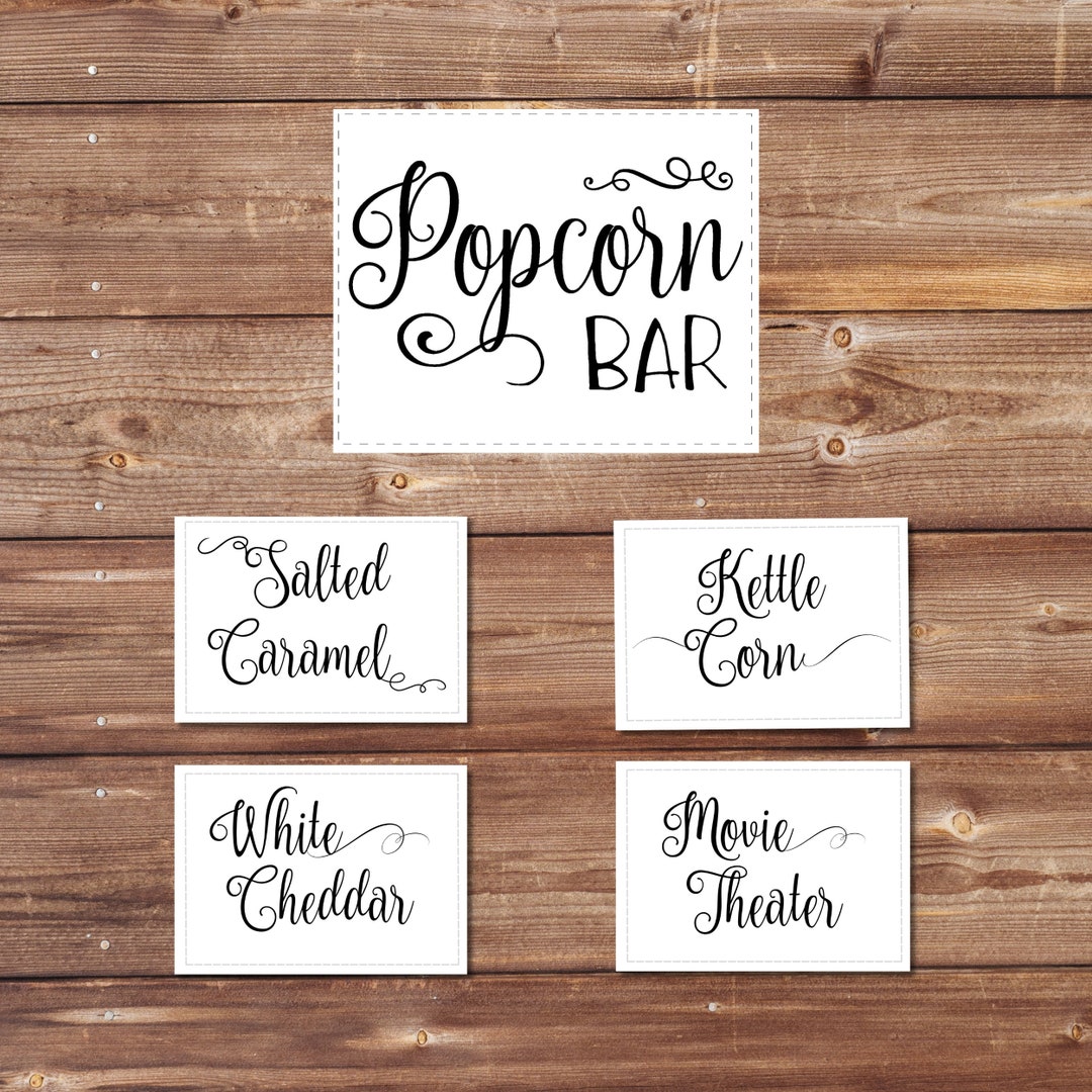 Popcorn Bar Labels, Digital Download Popcorn Bar Sign Package, FIVE ...