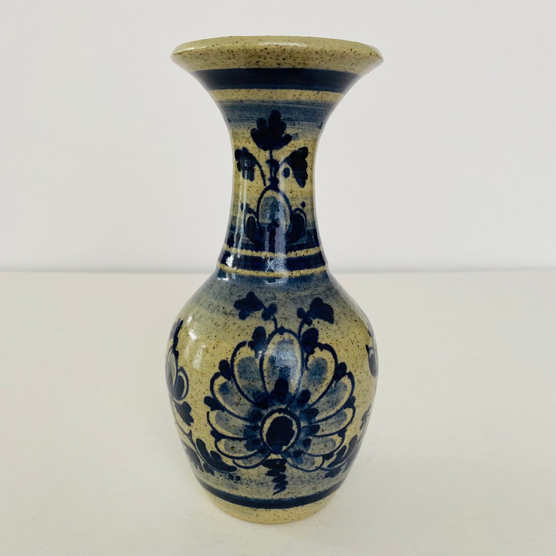Gerrit Schipper Stoneware Vase Blue Tan Floral RARE Vintage 1980s ...