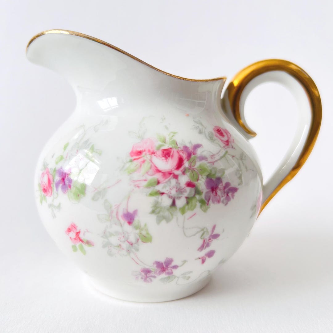 Limoges Old Abbey Porcelain Creamer Floral Pink Roses Purple Violas ...
