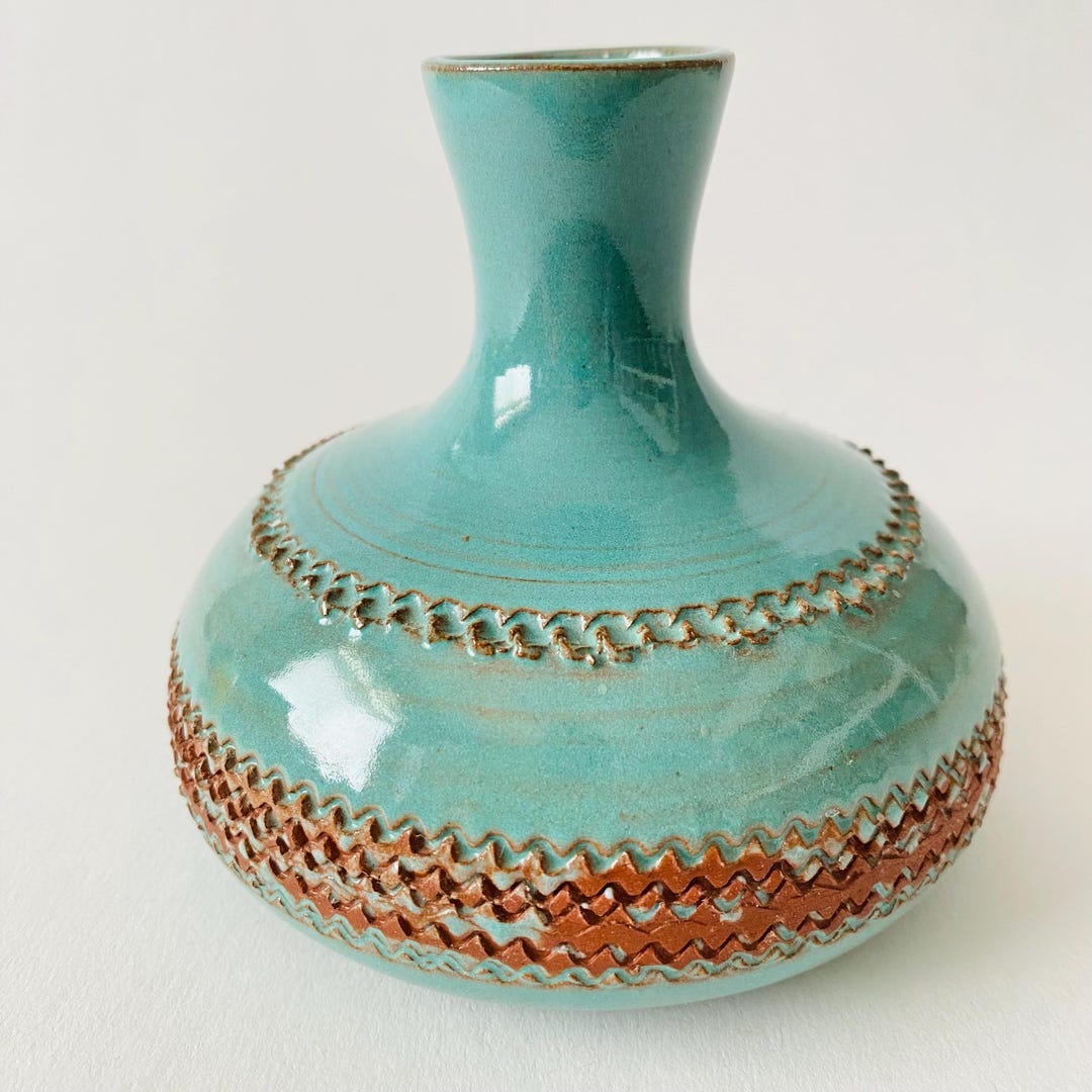 Handmade Teal Blue Turquoise Incised Art Pottery Bud Vase Signed E Rae ...