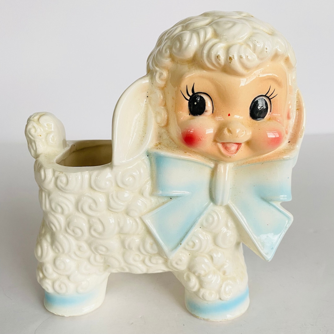 Vintage Relpo Ceramic Lamb Planter White Curly Blue Bow Anthropomorphic ...