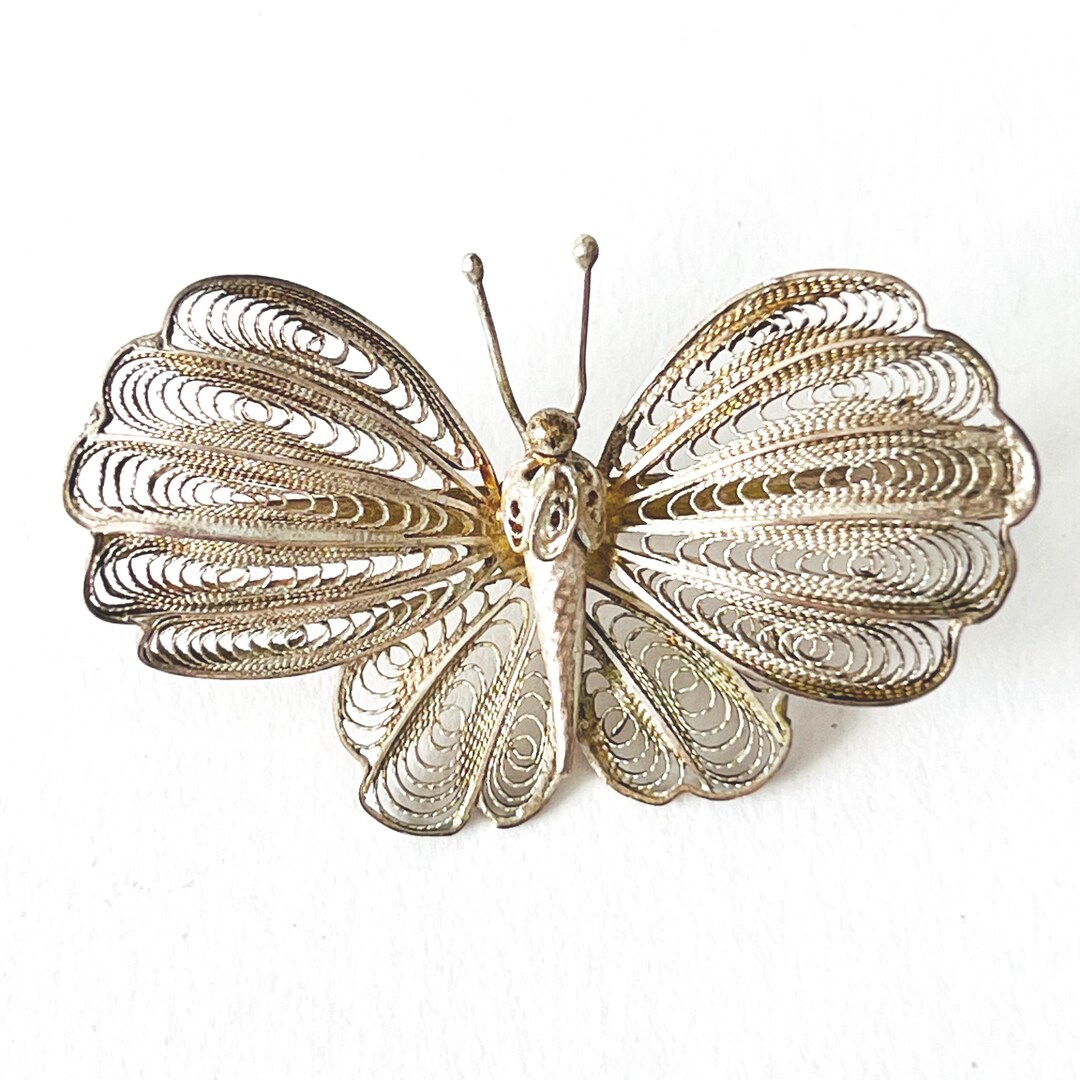 Vintage Butterfly Moth Brooch Silver Metal Filigree - Etsy