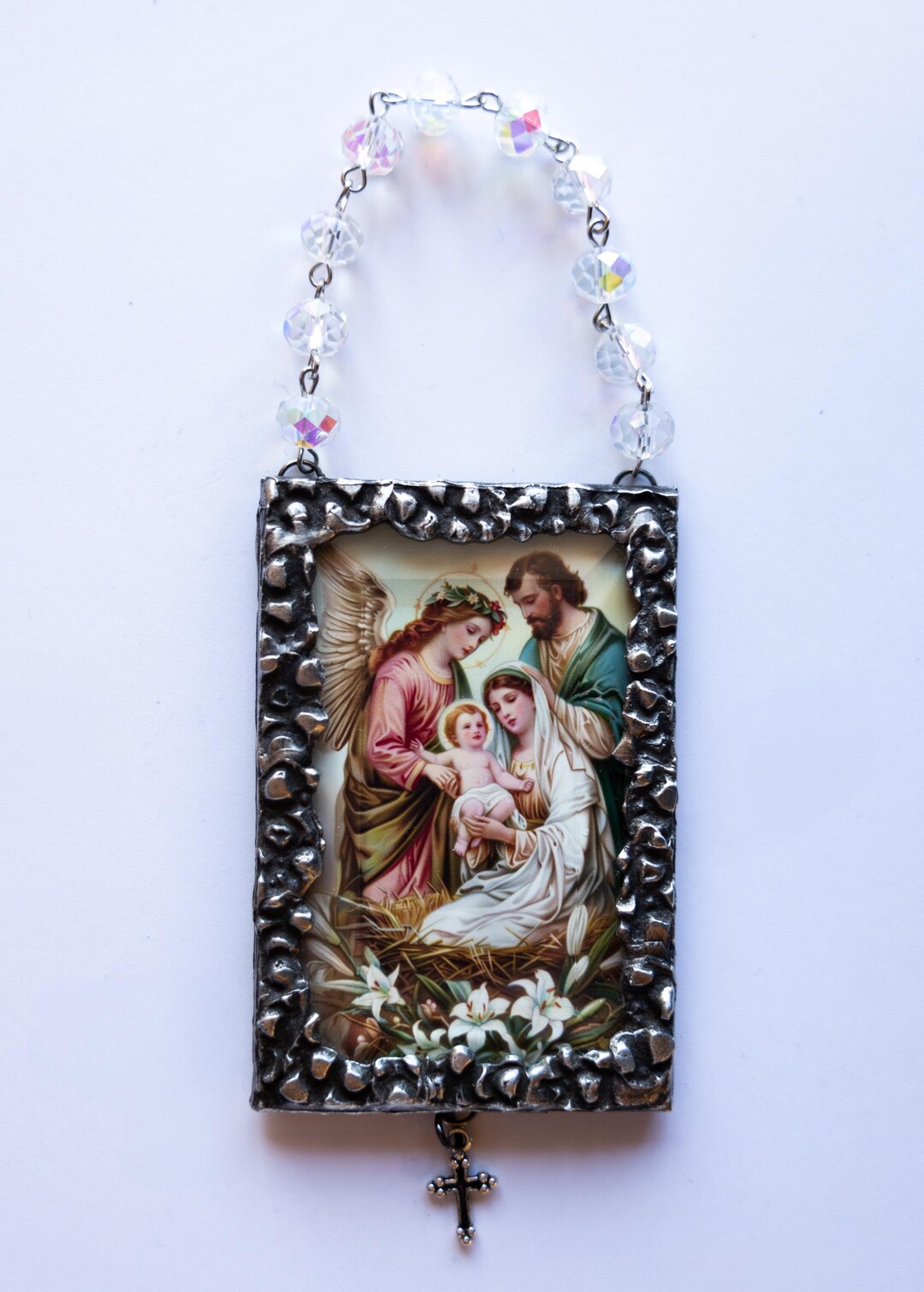 Holy Family Ornament: Beveled Glass Religious Icon With Rosary Chain - Etsy