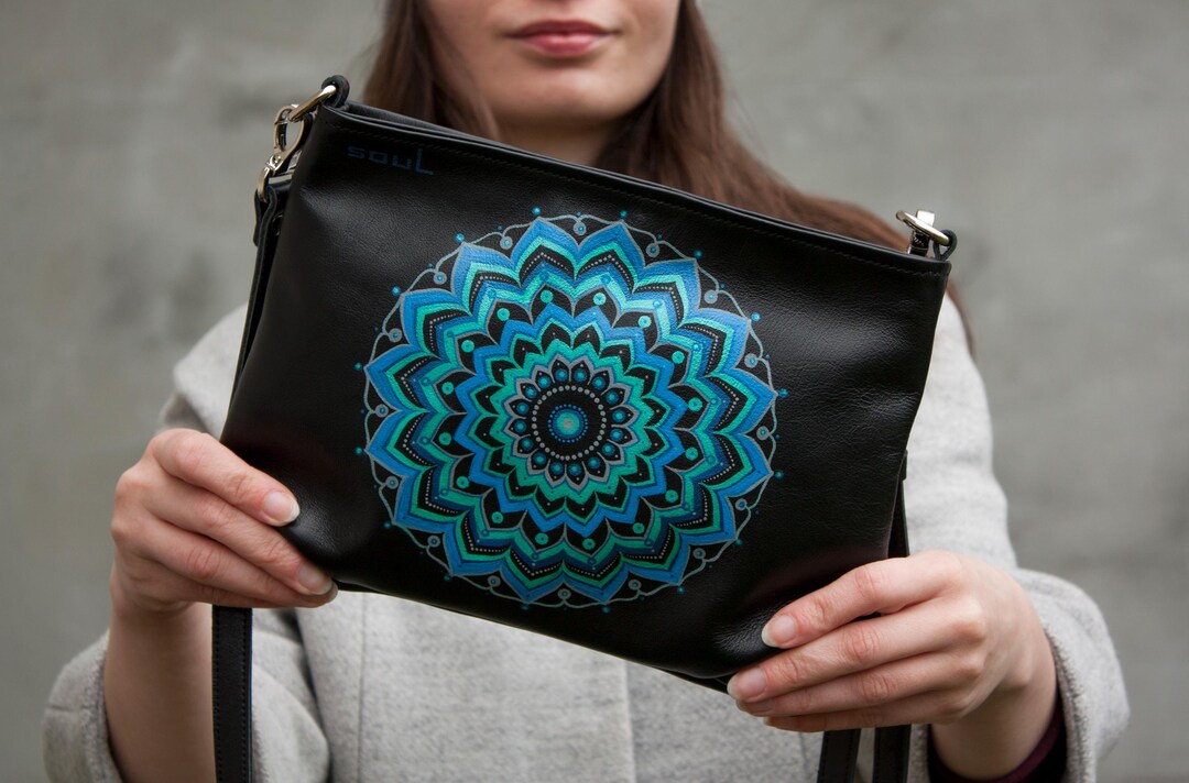Black Leather Crossbody Purse With Blue Mandala Painting Small Shoulder ...
