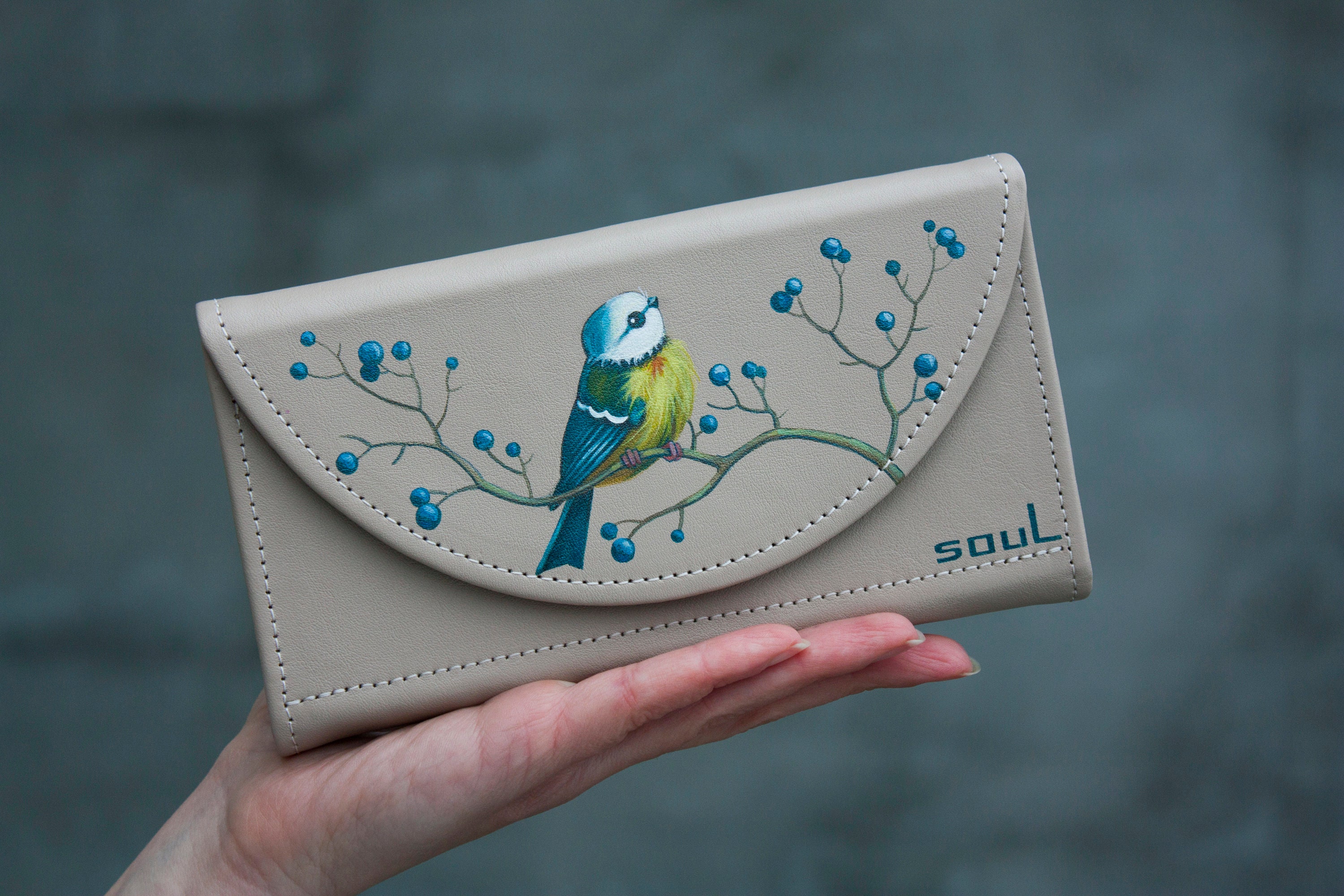 Titmouse Bird Women Leather Wallet Beige Large Purse Blue Yellow Bird ...