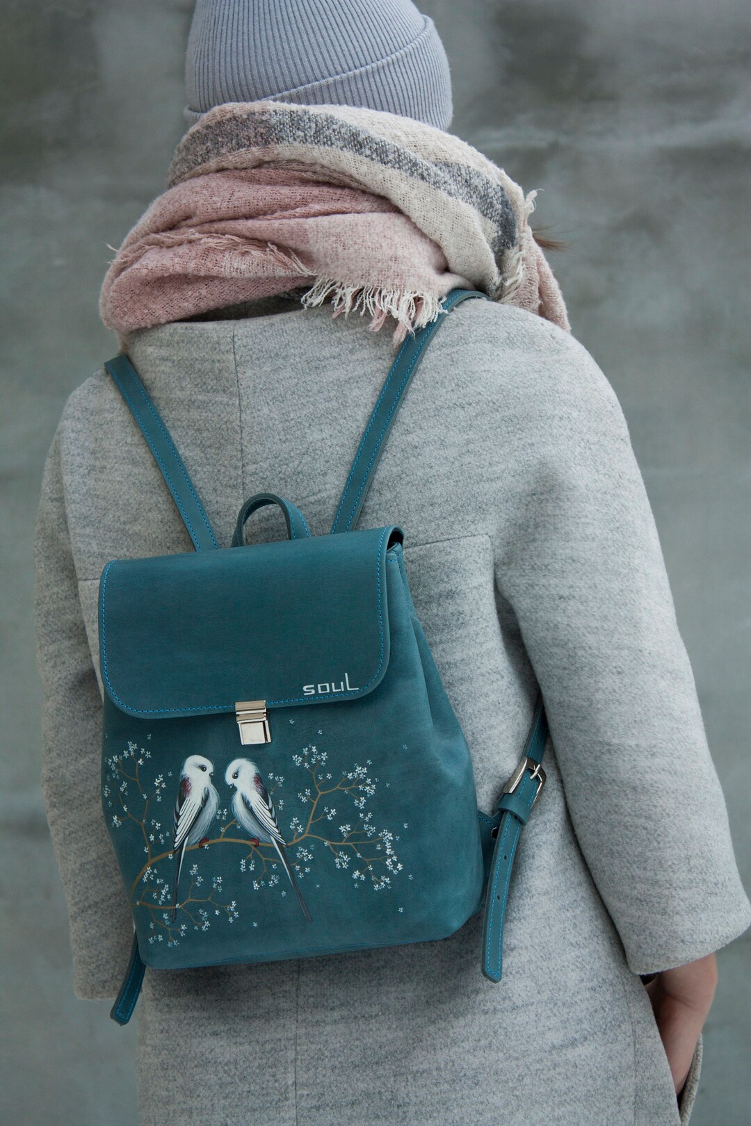 Women Blue Backpack With Long-tailed Tit Birds Matte Vintage Effect ...
