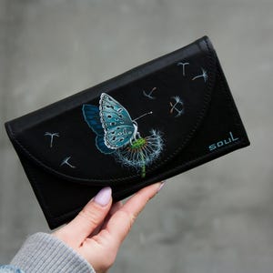 Black Leather Wallet With Blue Butterfly and Dandelion Seeds Painting ...