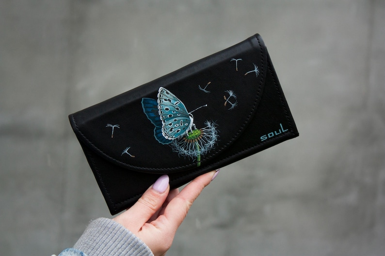 Black Leather Wallet With Blue Butterfly and Dandelion Seeds Painting ...