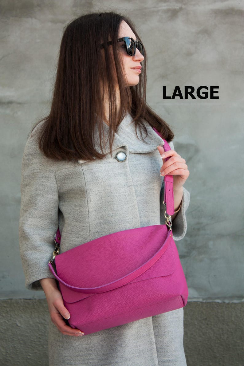 Hot Pink Leather Shoulder Bag Women Large Daily Purse Vivid Pink ...
